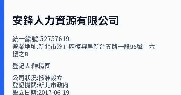 安鋒人力資源有限公司的照片-統編 52757619(新北市) 公司登記資料與營業項目詳細圖表