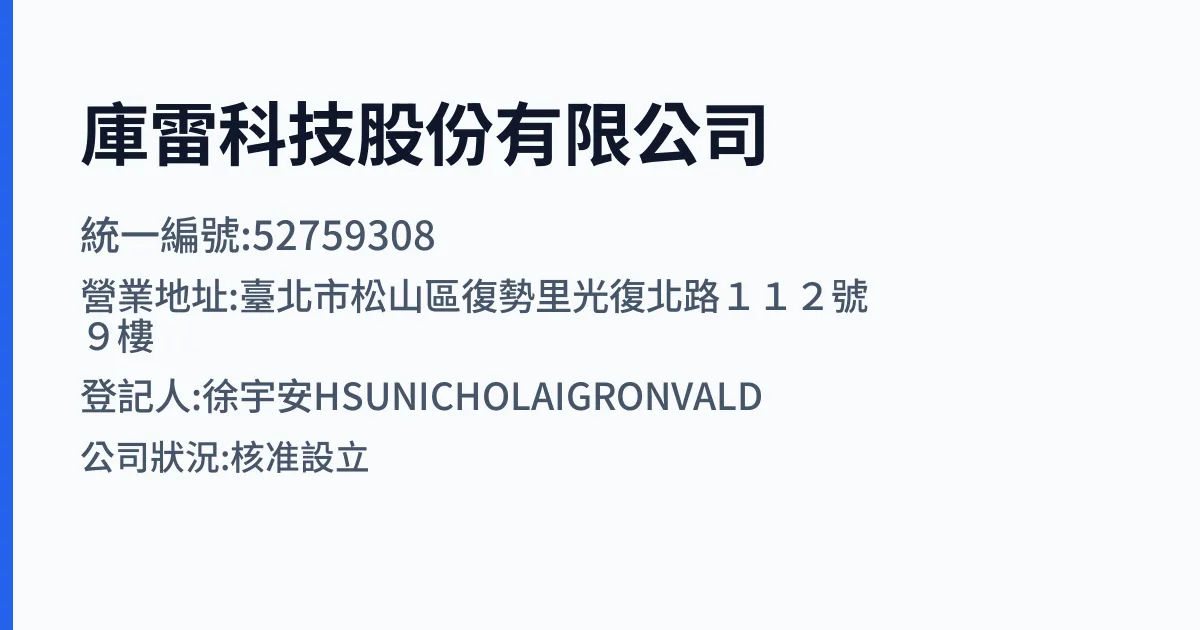 庫雷科技股份有限公司 - 統編 52759308(臺北市) 公司登記資料與營業項目詳細圖表