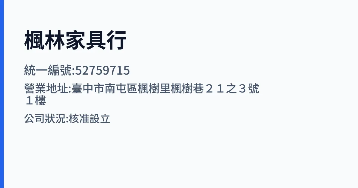 楓林家具行 - 統編 52759715(臺中市) 公司登記資料與營業項目詳細圖表