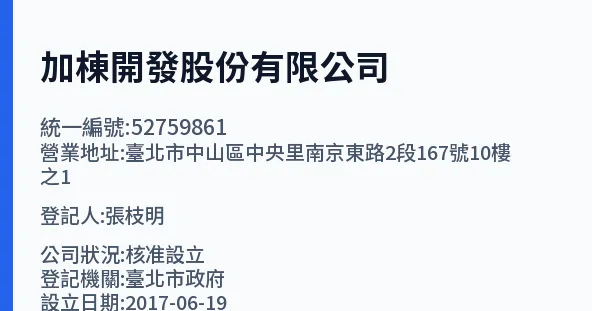 加棟開發股份有限公司的照片-統編 52759861(臺北市) 公司登記資料與營業項目詳細圖表