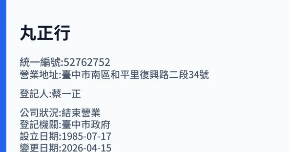丸正行的照片-統編 52762752(臺中市) 公司登記資料與營業項目詳細圖表