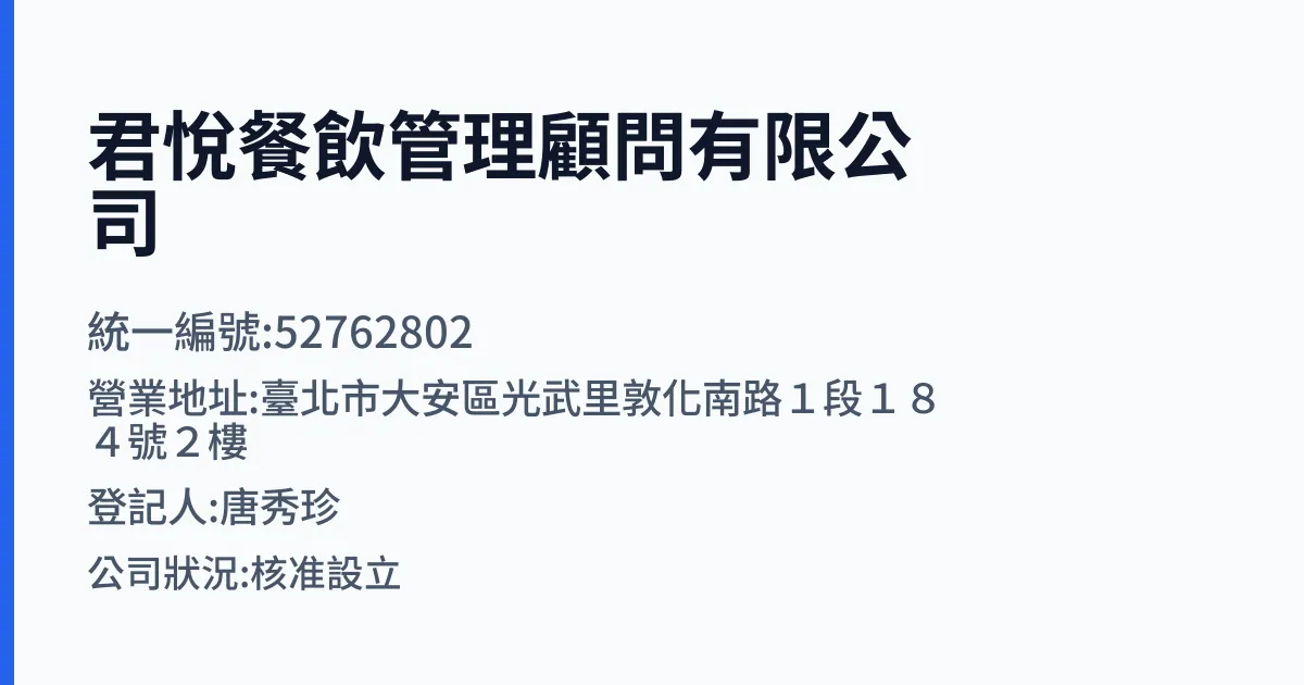 君悅餐飲管理顧問有限公司 - 統編 52762802(臺北市) 公司登記資料與營業項目詳細圖表