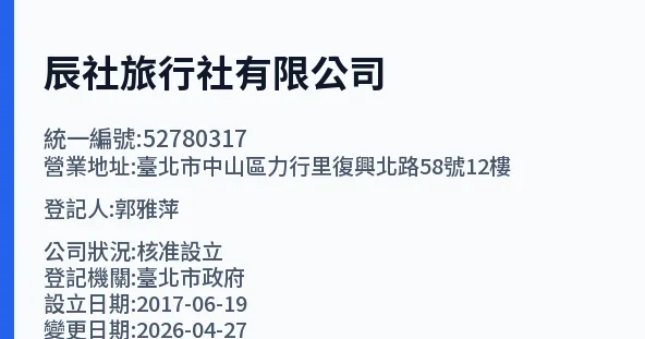 辰社旅行社有限公司的照片-統編 52780317(臺北市) 公司登記資料與營業項目詳細圖表