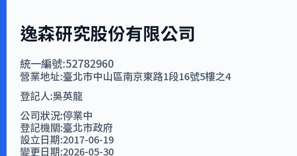 逸森研究股份有限公司的照片-統編 52782960(臺北市) 公司登記資料與營業項目詳細圖表