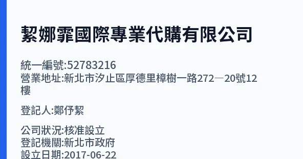 絜娜霏國際專業代購有限公司的照片-統編 52783216(新北市) 公司登記資料與營業項目詳細圖表
