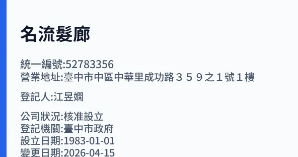 名流髮廊的照片-統編 52783356(臺中市) 公司登記資料與營業項目詳細圖表