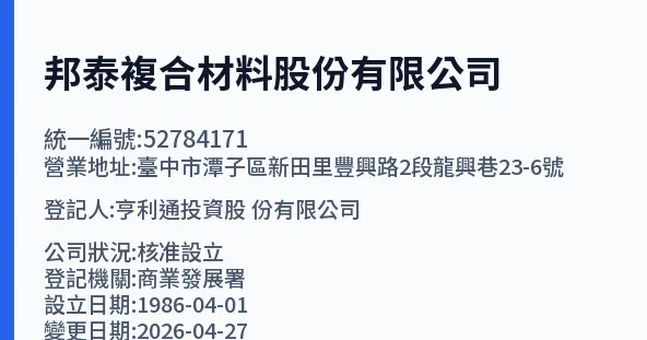 邦泰複合材料股份有限公司的照片-統編 52784171(臺中市) 公司登記資料與營業項目詳細圖表