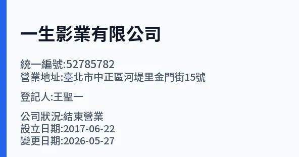 一生影業有限公司的照片-統編 52785782(臺北市) 公司登記資料與營業項目詳細圖表