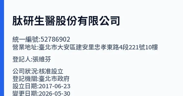 肽研生醫股份有限公司的照片-統編 52786902(臺北市) 公司登記資料與營業項目詳細圖表