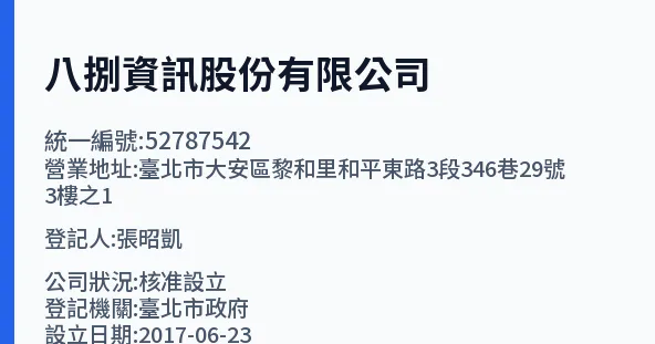 八捌資訊股份有限公司的照片-統編 52787542(臺北市) 公司登記資料與營業項目詳細圖表