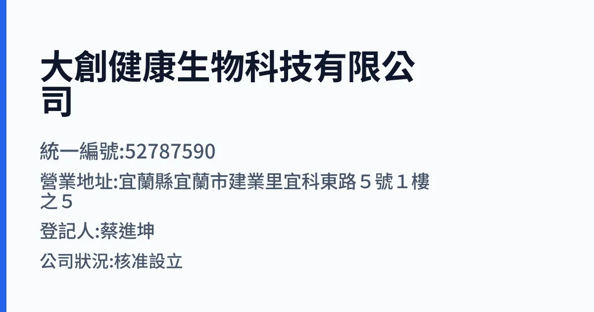 大創健康生物科技有限公司 - 統編 52787590（宜蘭縣） 公司登記資料與營業項目詳細圖表