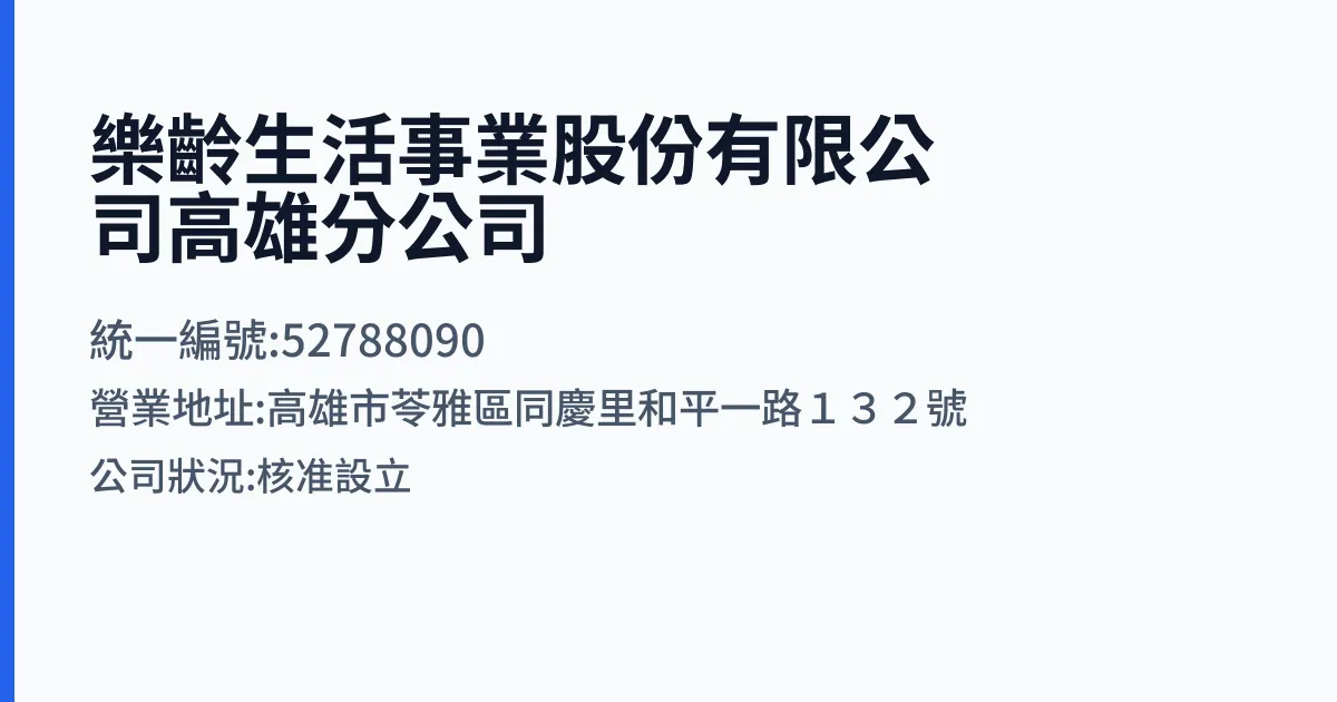 樂齡生活事業股份有限公司高雄分公司 - 統編 52788090（高雄市） 公司登記資料與營業項目詳細圖表