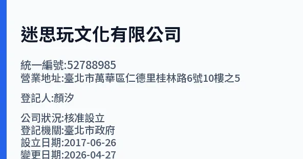 迷思玩文化有限公司的照片-統編 52788985(臺北市) 公司登記資料與營業項目詳細圖表