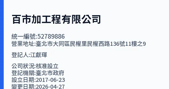 百市加工程有限公司的照片-統編 52789886(臺北市) 公司登記資料與營業項目詳細圖表