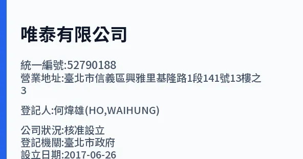 唯泰有限公司的照片-統編 52790188(臺北市) 公司登記資料與營業項目詳細圖表