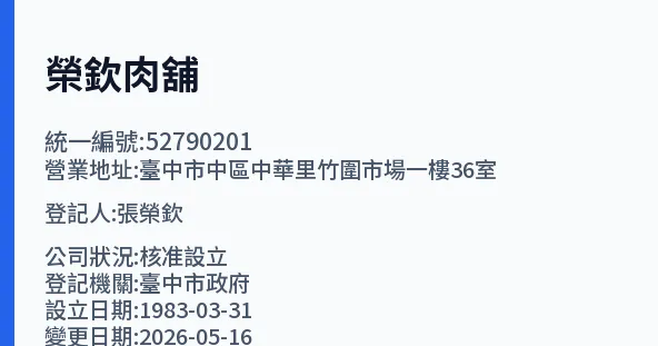 榮欽肉舖的照片-統編 52790201(臺中市) 公司登記資料與營業項目詳細圖表