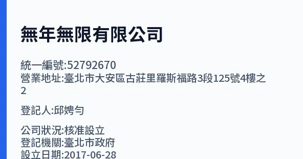無年無限有限公司的照片-統編 52792670(臺北市) 公司登記資料與營業項目詳細圖表