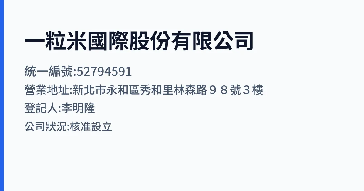 一粒米國際股份有限公司 - 統編 52794591(新北市) 公司登記資料與營業項目詳細圖表