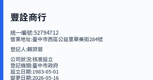 豐詮商行的照片-統編 52794712(臺中市) 公司登記資料與營業項目詳細圖表