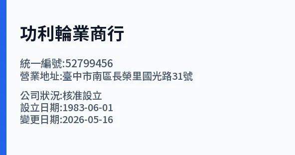 功利輪業商行的照片-統編 52799456(臺中市) 公司登記資料與營業項目詳細圖表