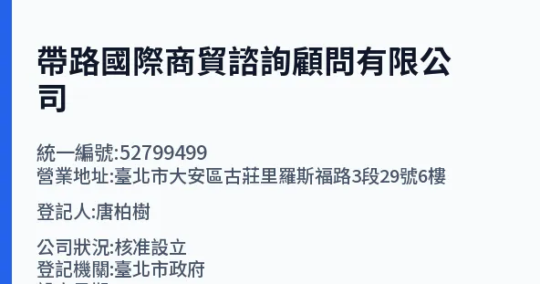 帶路國際商貿諮詢顧問有限公司的照片-統編 52799499(臺北市) 公司登記資料與營業項目詳細圖表