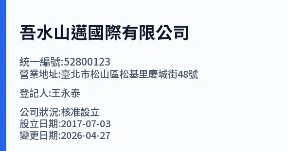 吾水山邁國際有限公司的照片-統編 52800123(臺北市) 公司登記資料與營業項目詳細圖表
