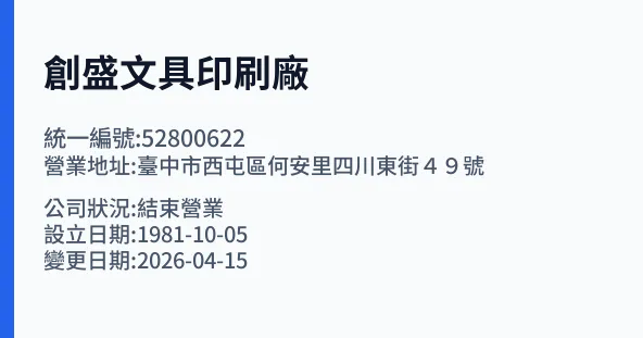 創盛文具印刷廠的照片-統編 52800622(臺中市) 公司登記資料與營業項目詳細圖表