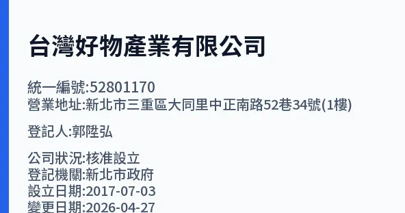 台灣好物產業有限公司的照片-統編 52801170(新北市) 公司登記資料與營業項目詳細圖表