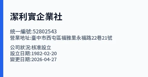 潔利實企業社的照片-統編 52802543(臺中市) 公司登記資料與營業項目詳細圖表