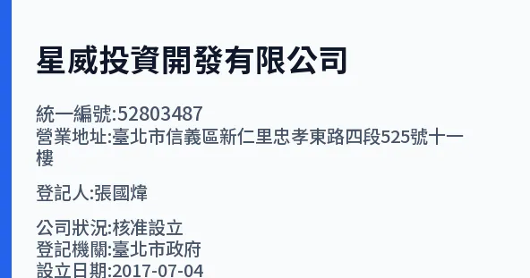 星威投資開發有限公司的照片-統編 52803487(臺北市) 公司登記資料與營業項目詳細圖表