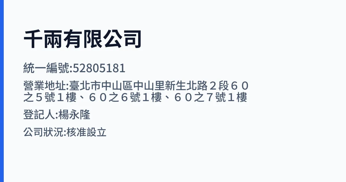 千兩有限公司 - 統編 52805181（臺北市） 公司登記資料與營業項目詳細圖表