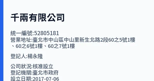千兩有限公司的照片-統編 52805181(臺北市) 公司登記資料與營業項目詳細圖表