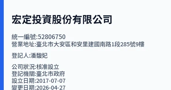 宏定投資股份有限公司的照片-統編 52806750(臺北市) 公司登記資料與營業項目詳細圖表