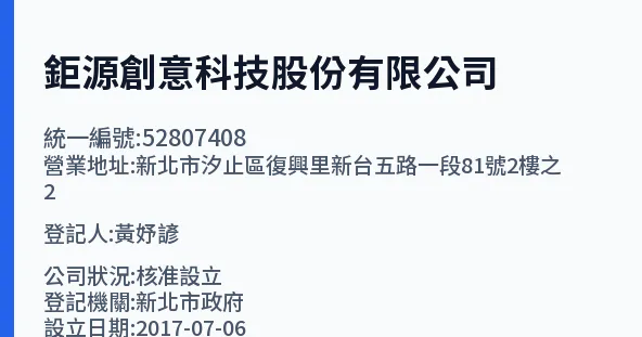 鉅源創意科技股份有限公司的照片-統編 52807408(新北市) 公司登記資料與營業項目詳細圖表