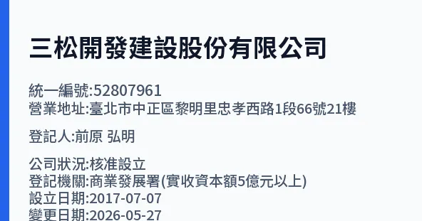 三松開發建設股份有限公司的照片-統編 52807961(臺北市) 公司登記資料與營業項目詳細圖表
