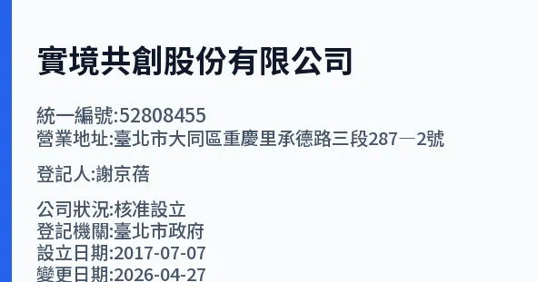 實境共創股份有限公司的照片-統編 52808455(臺北市) 公司登記資料與營業項目詳細圖表