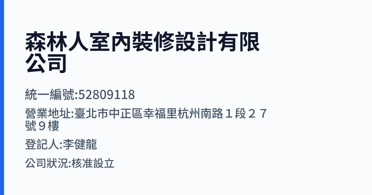 森林人室內裝修設計有限公司 - 統編 52809118(臺北市) 公司登記資料與營業項目詳細圖表