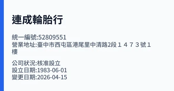 連成輪胎行的照片-統編 52809551(臺中市) 公司登記資料與營業項目詳細圖表