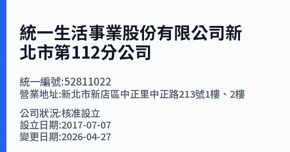 統一生活事業股份有限公司新北市第112分公司的照片-統編 52811022(新北市) 公司登記資料與營業項目詳細圖表