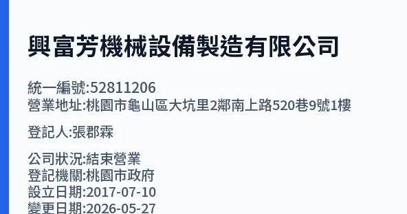 興富芳機械設備製造有限公司的照片-統編 52811206(桃園市) 公司登記資料與營業項目詳細圖表