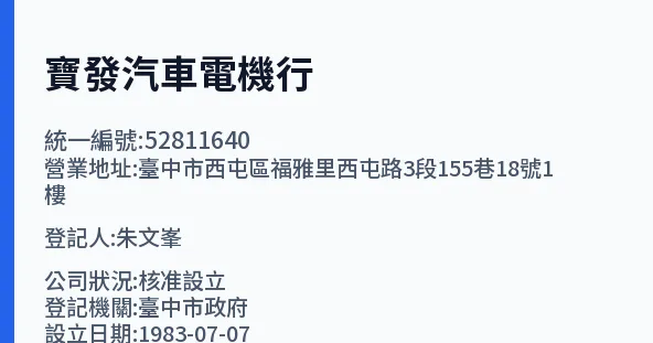 寶發汽車電機行的照片-統編 52811640(臺中市) 公司登記資料與營業項目詳細圖表
