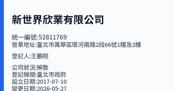 新世界欣業有限公司的照片-統編 52811769(臺北市) 公司登記資料與營業項目詳細圖表
