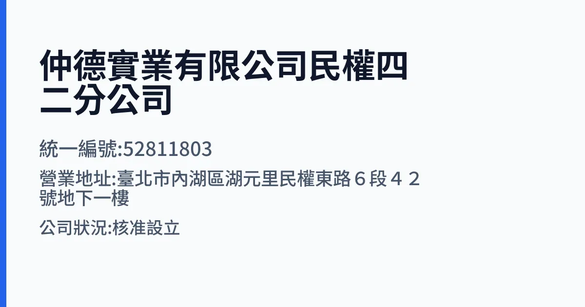 仲德實業有限公司民權四二分公司 - 統編 52811803(臺北市) 公司登記資料與營業項目詳細圖表