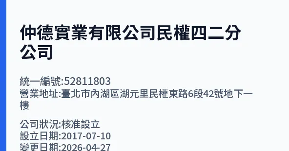 仲德實業有限公司民權四二分公司的照片-統編 52811803(臺北市) 公司登記資料與營業項目詳細圖表