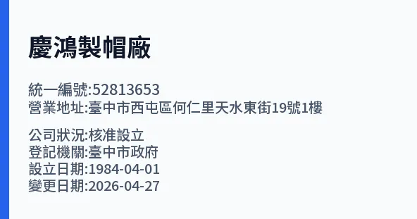 慶鴻製帽廠的照片-統編 52813653(臺中市) 公司登記資料與營業項目詳細圖表