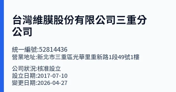 台灣維膜股份有限公司三重分公司的照片-統編 52814436(新北市) 公司登記資料與營業項目詳細圖表
