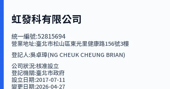 虹發科有限公司的照片-統編 52815694(臺北市) 公司登記資料與營業項目詳細圖表
