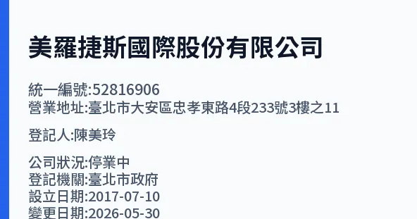 美羅捷斯國際股份有限公司的照片-統編 52816906(臺北市) 公司登記資料與營業項目詳細圖表