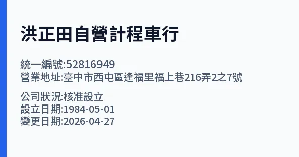 洪正田自營計程車行的照片-統編 52816949(臺中市) 公司登記資料與營業項目詳細圖表