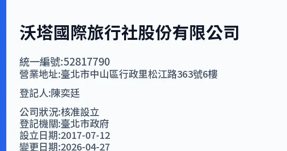 沃塔國際旅行社股份有限公司的照片-統編 52817790(臺北市) 公司登記資料與營業項目詳細圖表